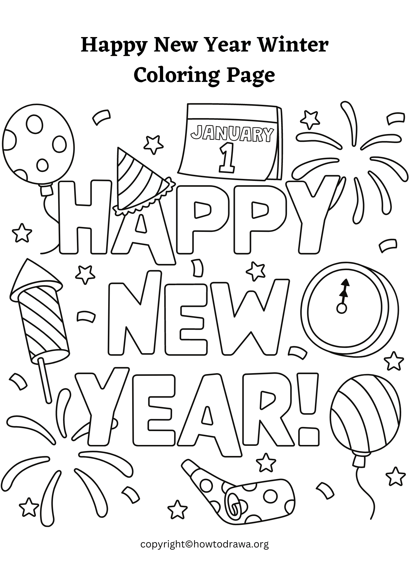 Happy New Year Winter Coloring Page for Kids [Free Printable]