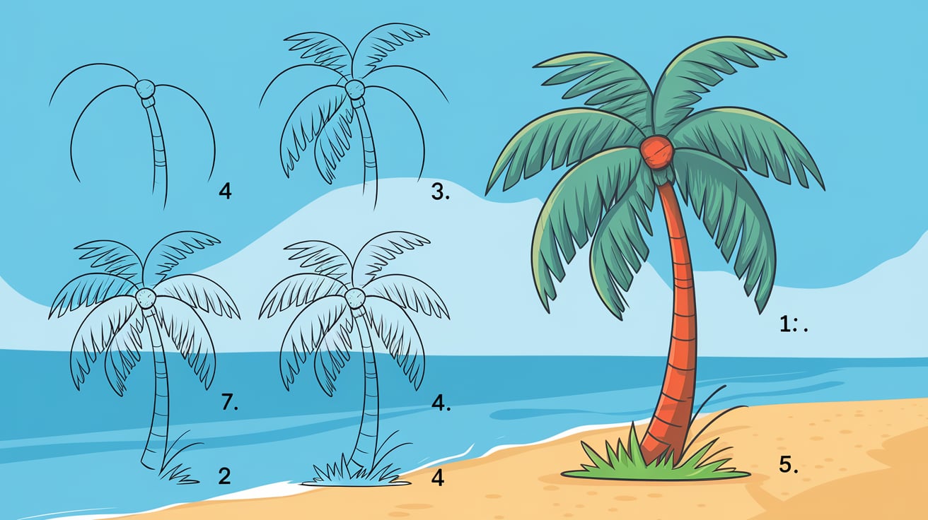 How to draw a Palm Tree step by step for kids and beginners
